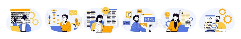 Programming Concept Set with Characters in Flat Design for Web. People ...