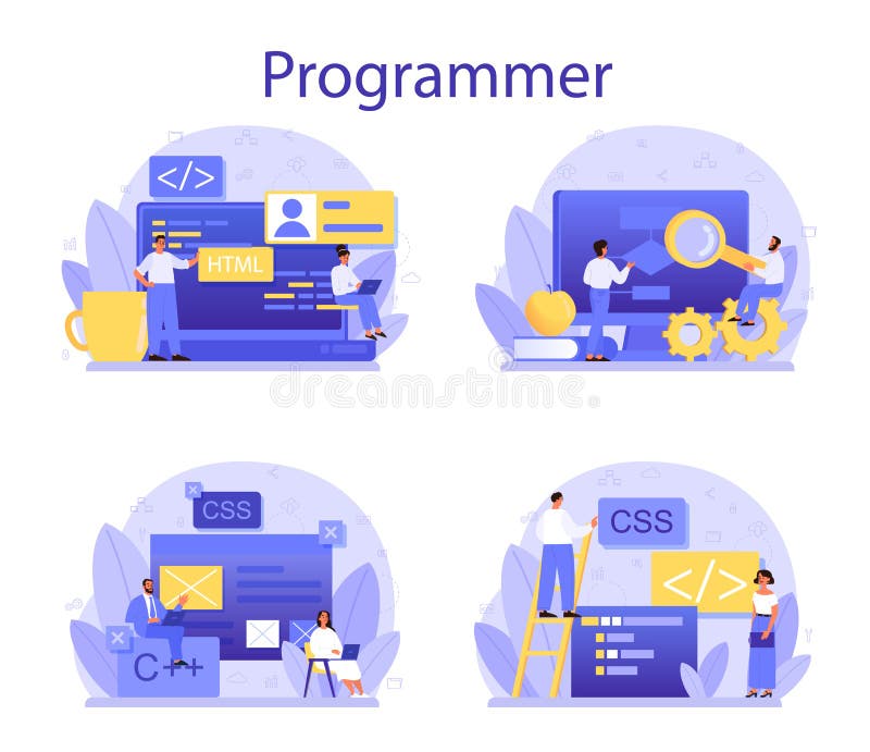 Programming Concept Set. Idea of Working on the Computer, Coding, Stock ... Programming Concept Set. Idea of Working on the Computer, Coding, Stock ...