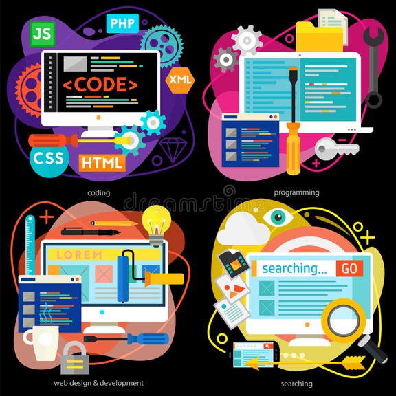 Programming and Development, Analytics and Coding Concept Banners Stock Vector - Illustration of ...