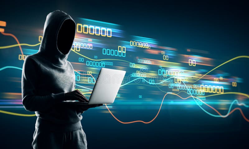 Hacking Concept with Hacker Using Laptop at Digital Map with Node Tree and Binary Code ...
