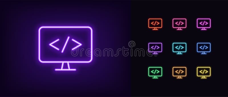 Programming Icon in Outline Neon. Glowing Neon Computer with Code Sign ...