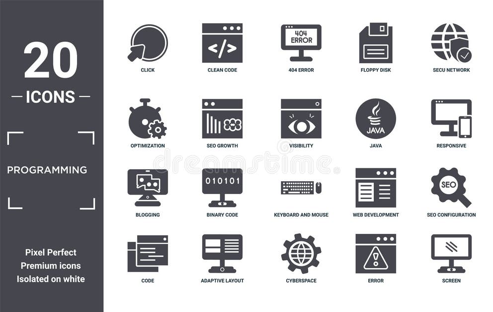 Programming Icon Set. Include Creative Elements As Click, Secu Network, Java, Keyboard and Mouse ...