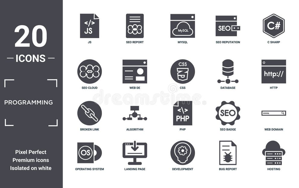 Programming Icon Set. Include Creative Elements As Js, C Sharp, Database, Php, Landing Page ...
