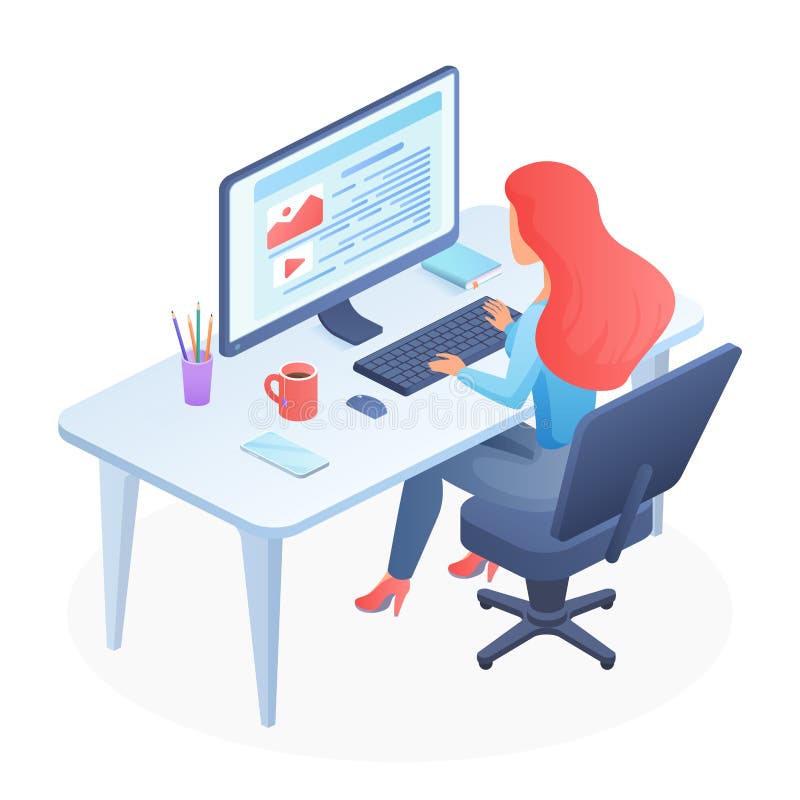 Programming Isometric Woman Vector Illustration Stock Vector