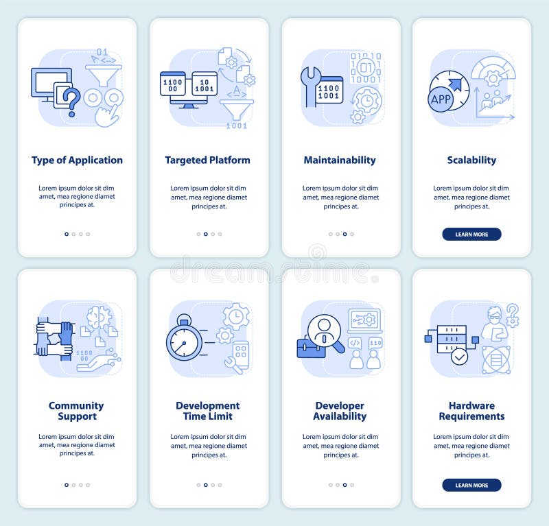 Programming Language Choice Light Blue Onboarding Mobile App Screen Set