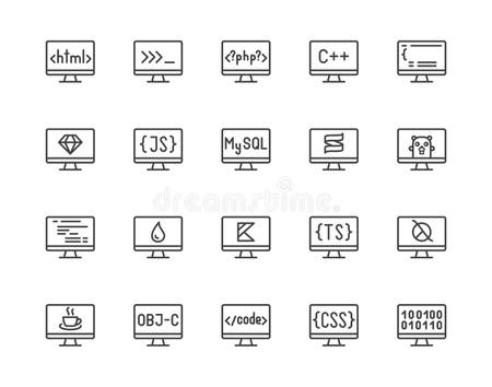 Programming Languages Flat Line Icons Set. Html Code, Php, Java ...