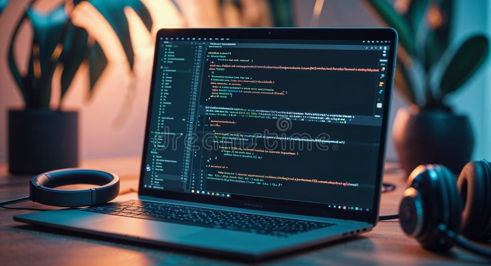 Programming Laptop Screen with Code for Software Development and Web Development Work Station ...