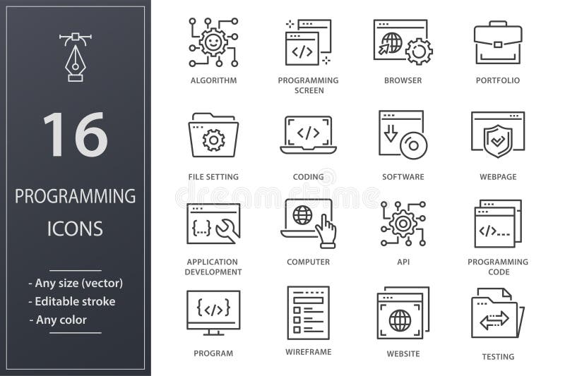 Programming Line Icons Set. Black Vector Illustration. Editable Stroke. Stock Vector ...