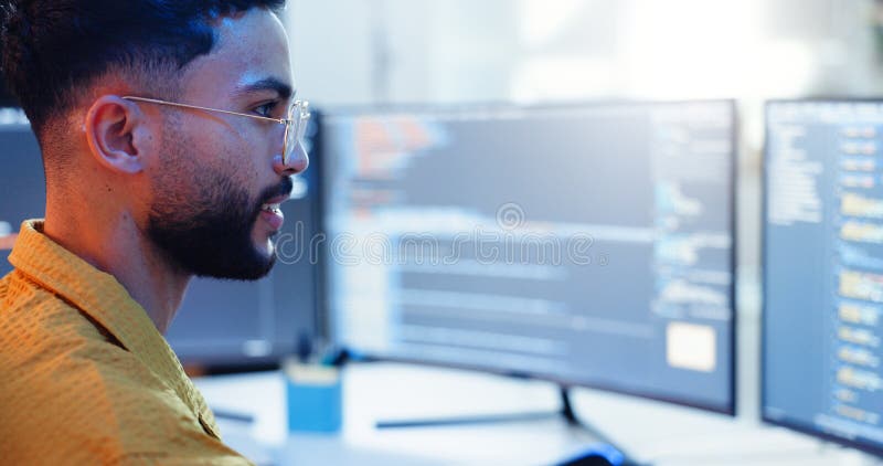 Programming Man Or Smile With Computer Screen For Software Development Reading Information Or