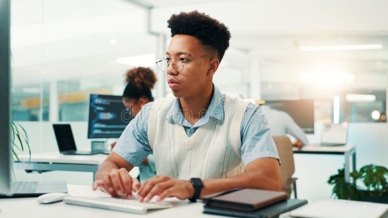 Programming, Man and Typing on Computer in Office for Web Development ...