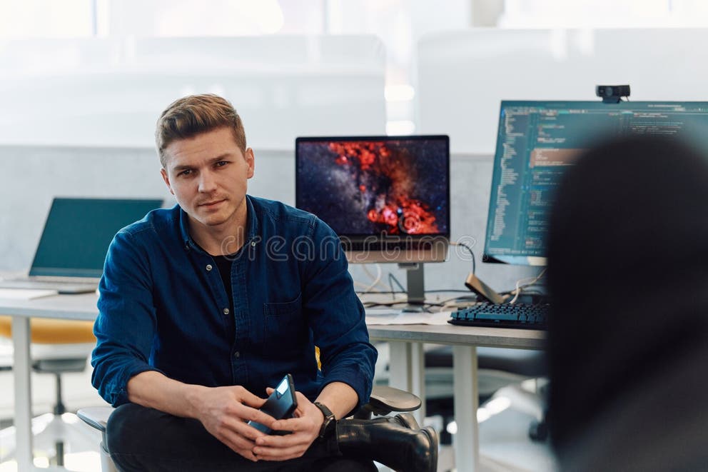 Programming. Man Working on Computer in it Office, Sitting at Desk ...