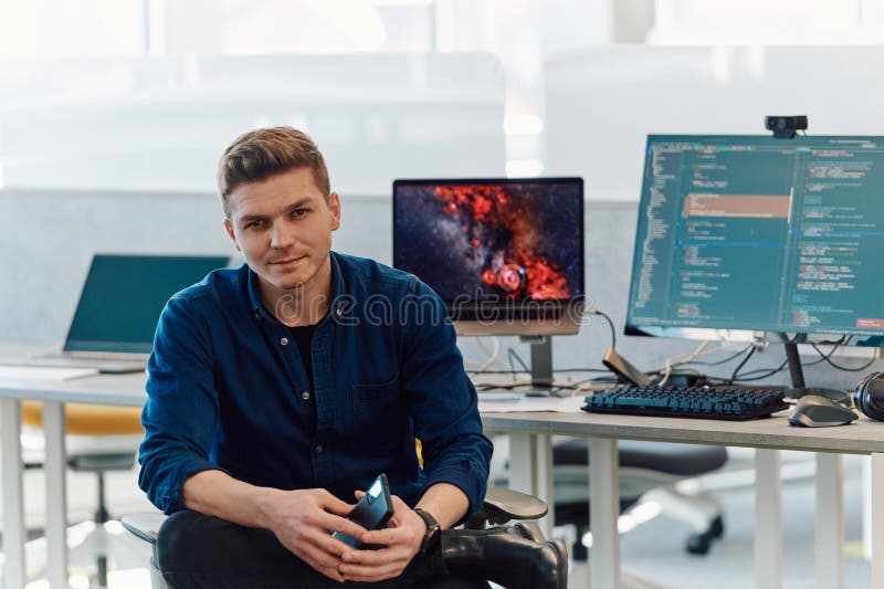 Programming. Man Working on Computer in it Office, Sitting at Desk Writing Codes Stock Photo ...