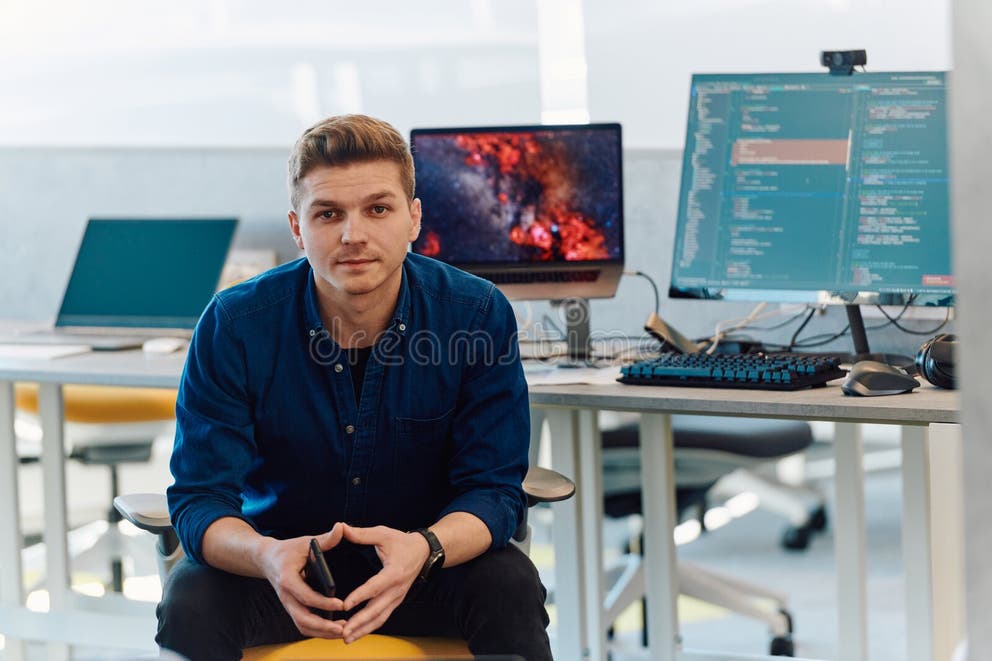 Programming. Man Working on Computer in it Office, Sitting at Desk ...