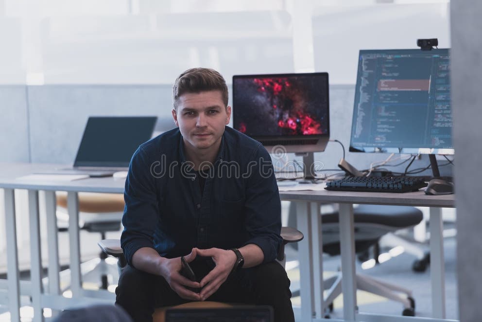 Programming. Man Working on Computer in it Office, Sitting at Desk ...
