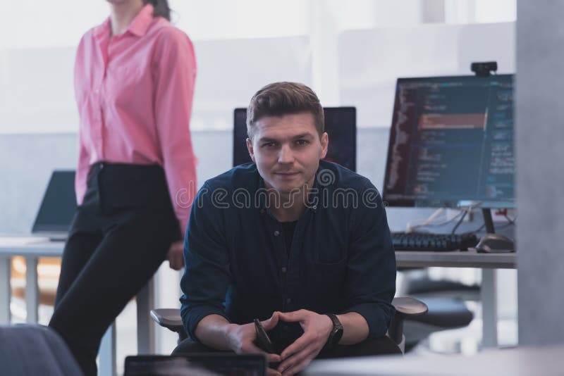 Programming. Man Working on Computer in it Office, Sitting at Desk ...