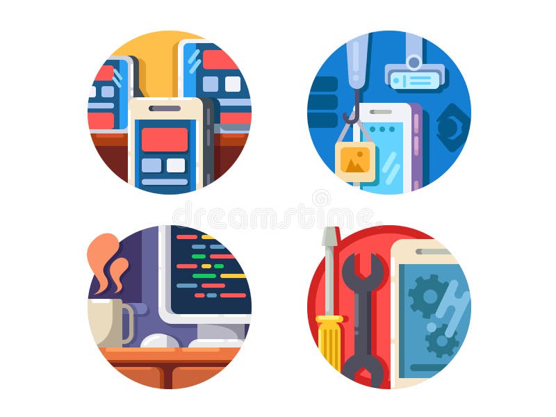 Programming Mobile Application Icons Set Stock Vector - Illustration of ...