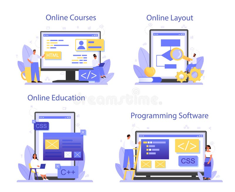 Programming Online Service Or Platform Set Idea Of Working On The Computer Stock Vector