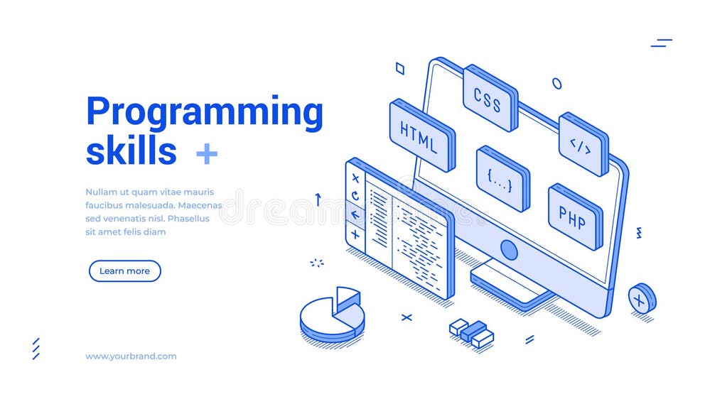 Programming Skills Computer Software Development Isometric Web Banner Monochrome Vector Stock ...