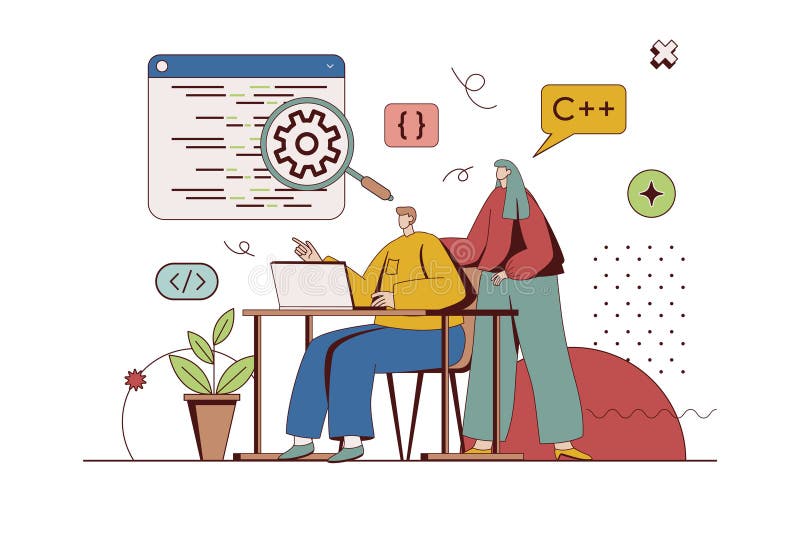 Programming Software Concept With Character Situation In Flat Design Man And Woman Developers