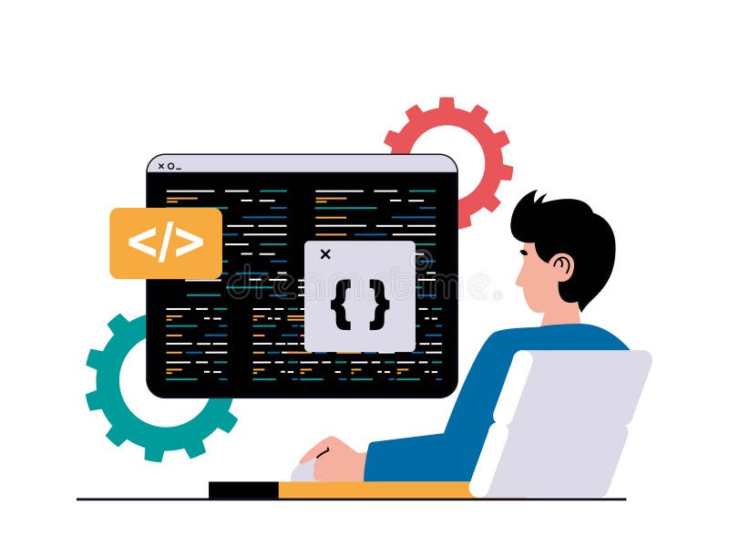 Programming Software Web Concept. Woman Coding Code Stock Vector ...