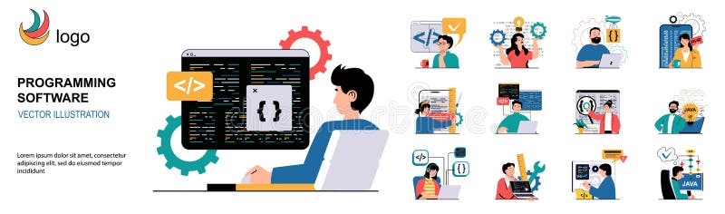 Programming Software Concept With Character Situations Collection Stock Vector Illustration Of 7320