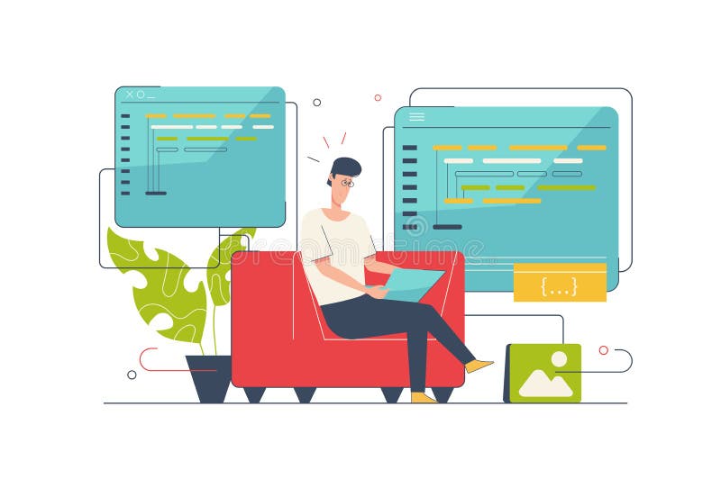 Programming Software Concept with People Scene in Flat Cartoon Design Stock Vector ...