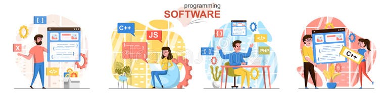 Programming Software Concept Scenes Set. Developers Code in Different Programming Languages ...
