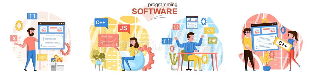 Programming Software Concept Scenes Set. Developers Code in Different ...