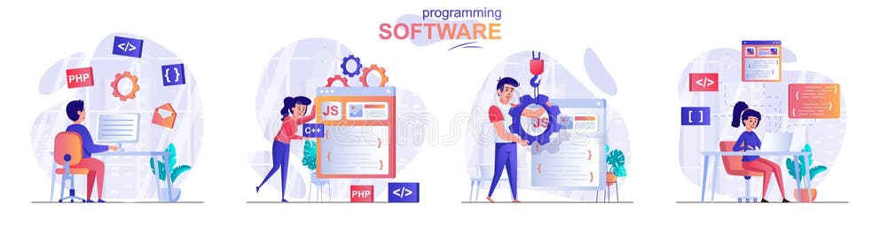 Programming Software Concept Scenes Set. Developers Create Software ...