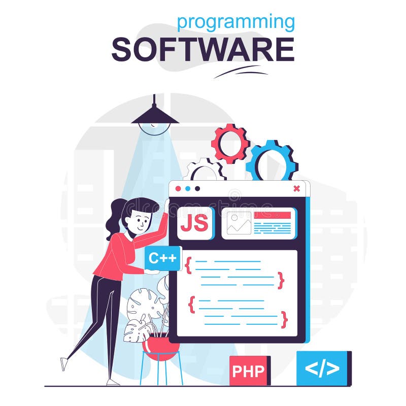 Programming Software Web Concept. Woman Coding Code Stock Vector ...