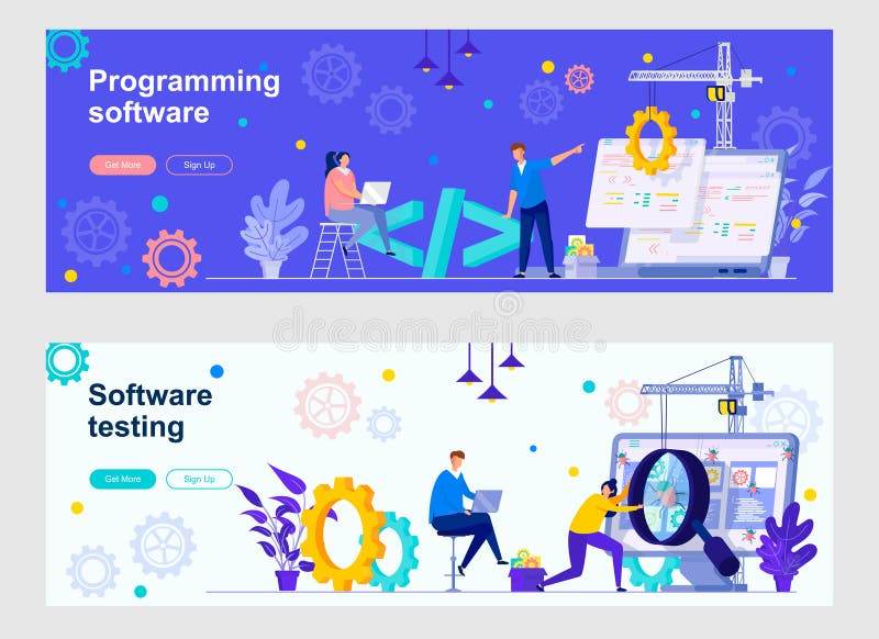 Programming Software Landing Page With People Characters Program Debugging And Optimization Web