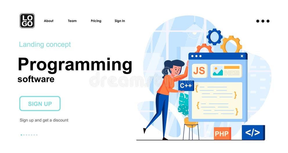 Programming Software Web Concept. Woman Develops Layout of Program ...