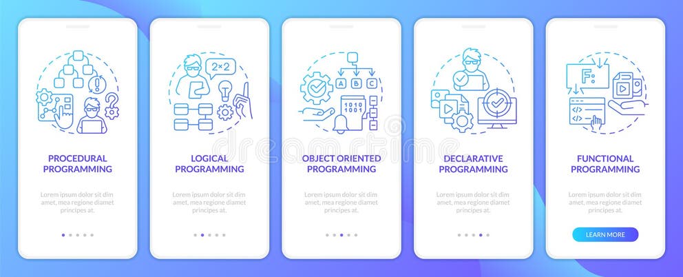 Programming Styles Types Blue Gradient Onboarding Mobile App Screen Stock Vector Illustration