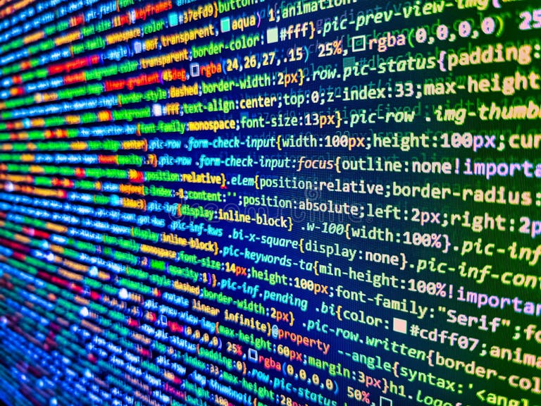 Programming Text on Dark Screen. Web Development Code: CSS/less Styles Preprocessor Script Lines ...