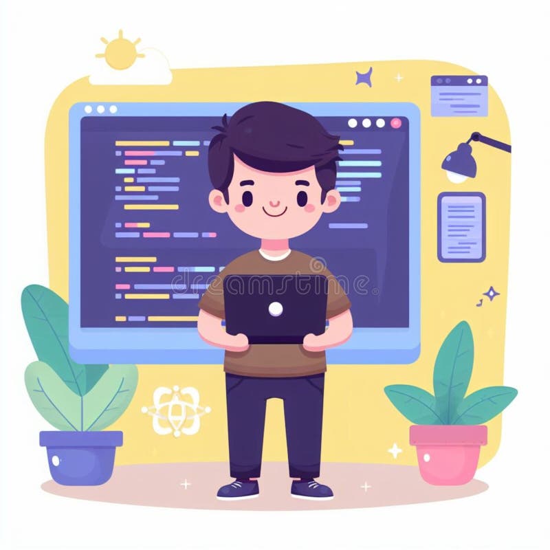Young Programmer Working with Computer: Vector Illustration ... Young Programmer Working with Computer: Vector Illustration ...