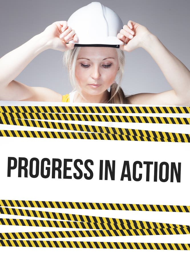 Progress in Action Sign on Information Poster, Worker Woman Stock Image ...
