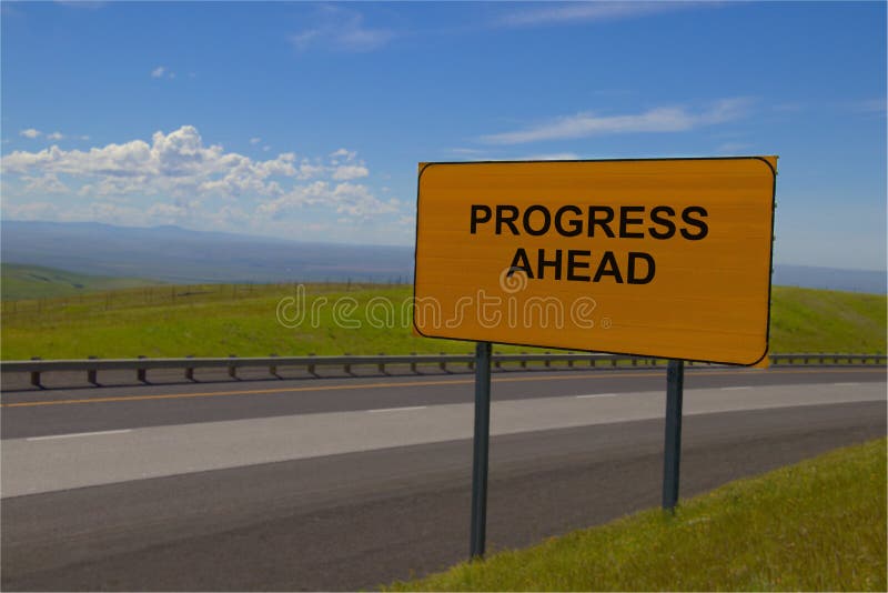 `Progress Ahead` Yellow Road Sign Stock Photo - Image of motorway ...