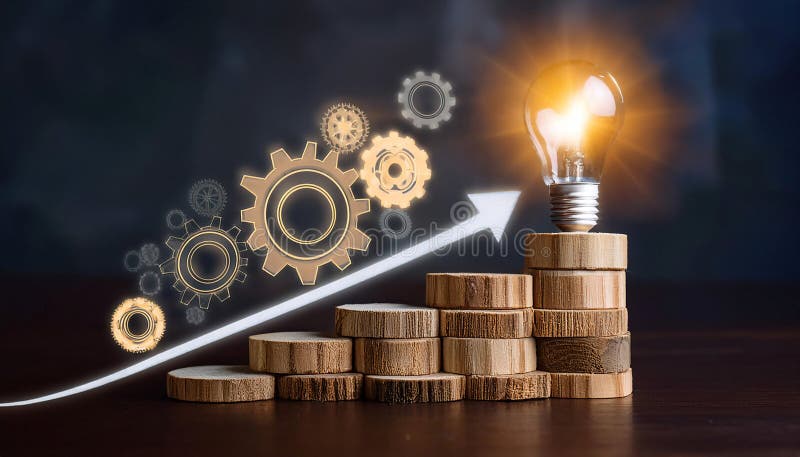 Progress and Development, Featuring Symbols Like a Staircase, Gears ...