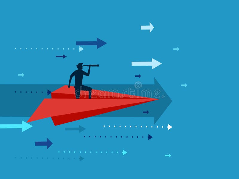 Progressive Leadership Vision. Man Shines a Telescope on Paper Plane ...