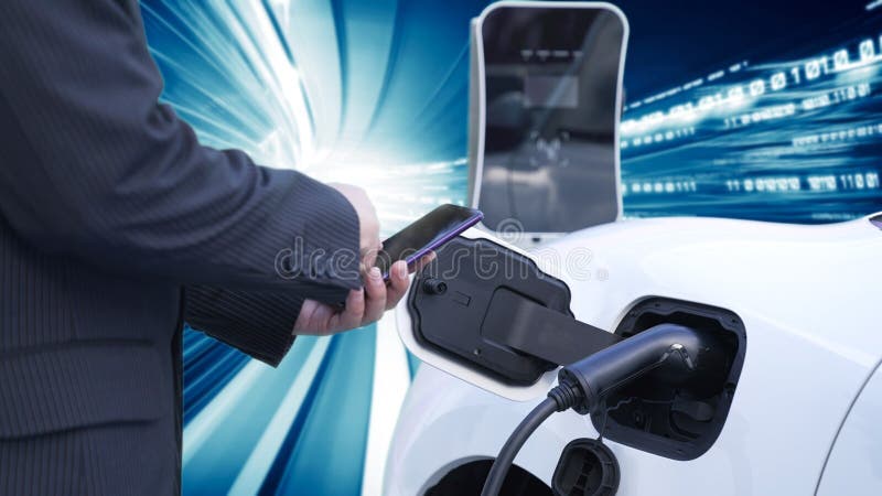 Progressive Man Charge Electric Car with Technology Background of ...