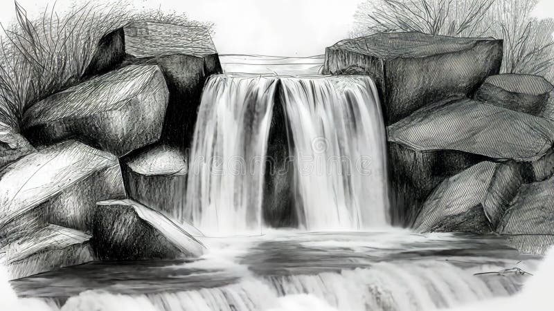 Waterfall Drawing Evolution, Enhancing a Pencil Sketch Step by Step ...