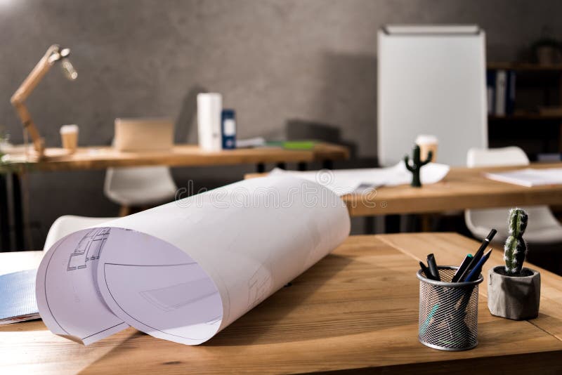 Project Blueprint on Wooden Table at Office Stock Image - Image of ...
