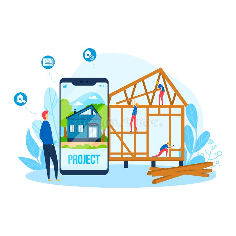 Project Construction, People Build Home from Smartphone, Vector ...