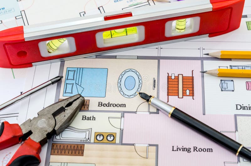 Project drawings and level stock image. Image of construction - 111380161