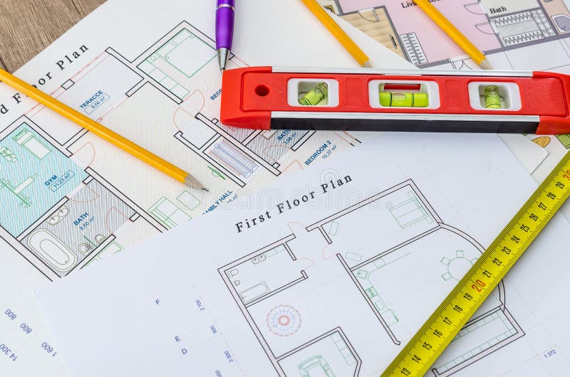Project drawings and level stock image. Image of construction - 111380161