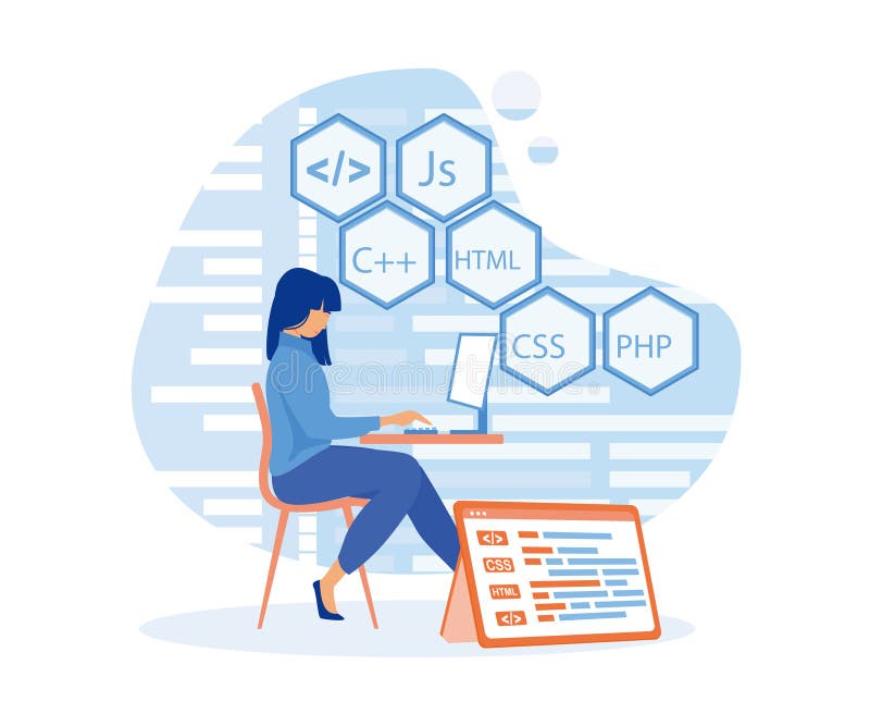 Software Engineer Sit in Chair Working on Laptop Use Programming Language Code with Flat Cartoon ...