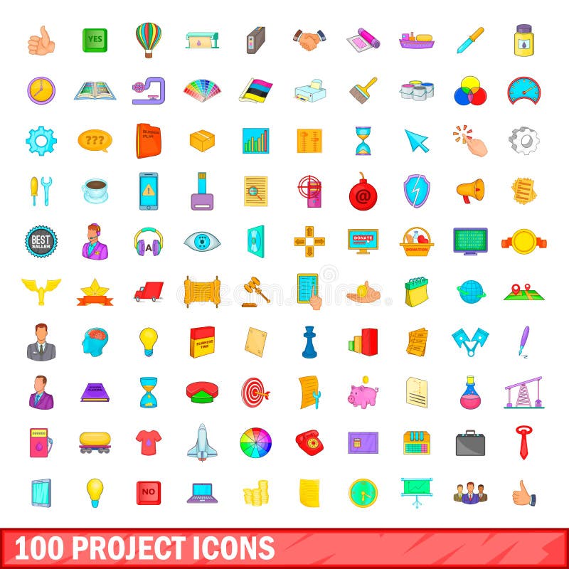 100 Project Icons Set, Cartoon Style Stock Vector - Illustration of ...