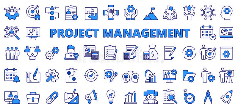 Project Management Icons in Line Design Blue. Business, Work, Office ...