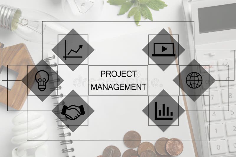 Notebook with Project Management Scheme on Marble Table, Flat Lay Stock ...