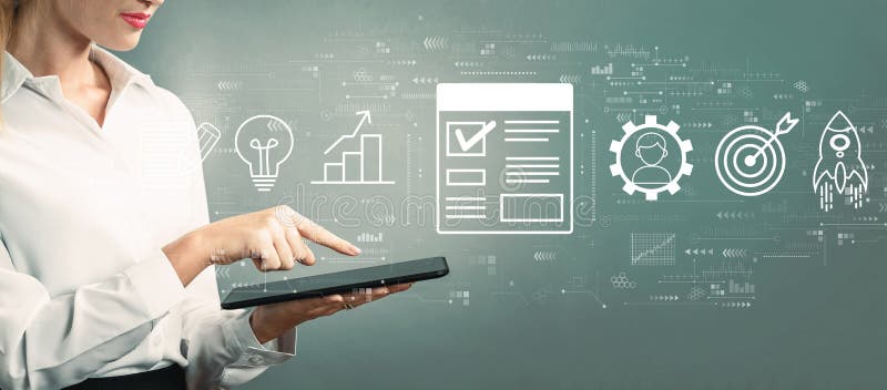 Project Management Theme with Business Woman Using a Tablet Stock Photo ...